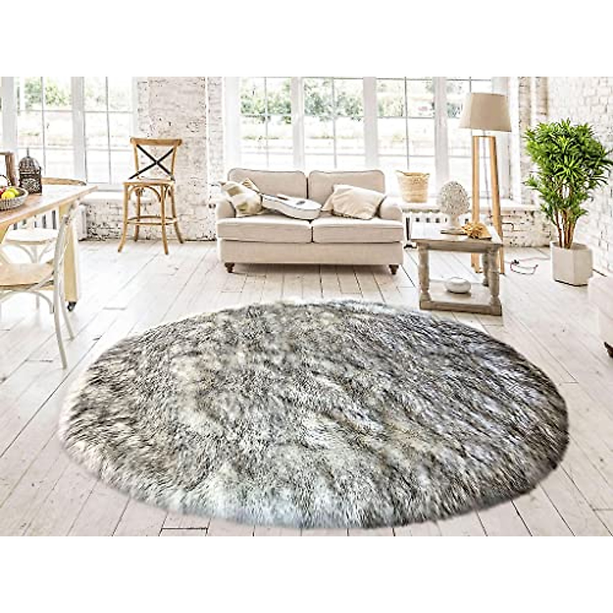 Round Carpet for Bedrooms Rugs,Living ,Kids Rooms,Sofa.LAMBZY 'Maya Collection' Silky Shaggy Rug,Faux Sheepskin,Soft Touch Fur ,Fluffy Area Rugs,Silky Plush,Hypoallergenic (9’6"(D290cm), White/Black)