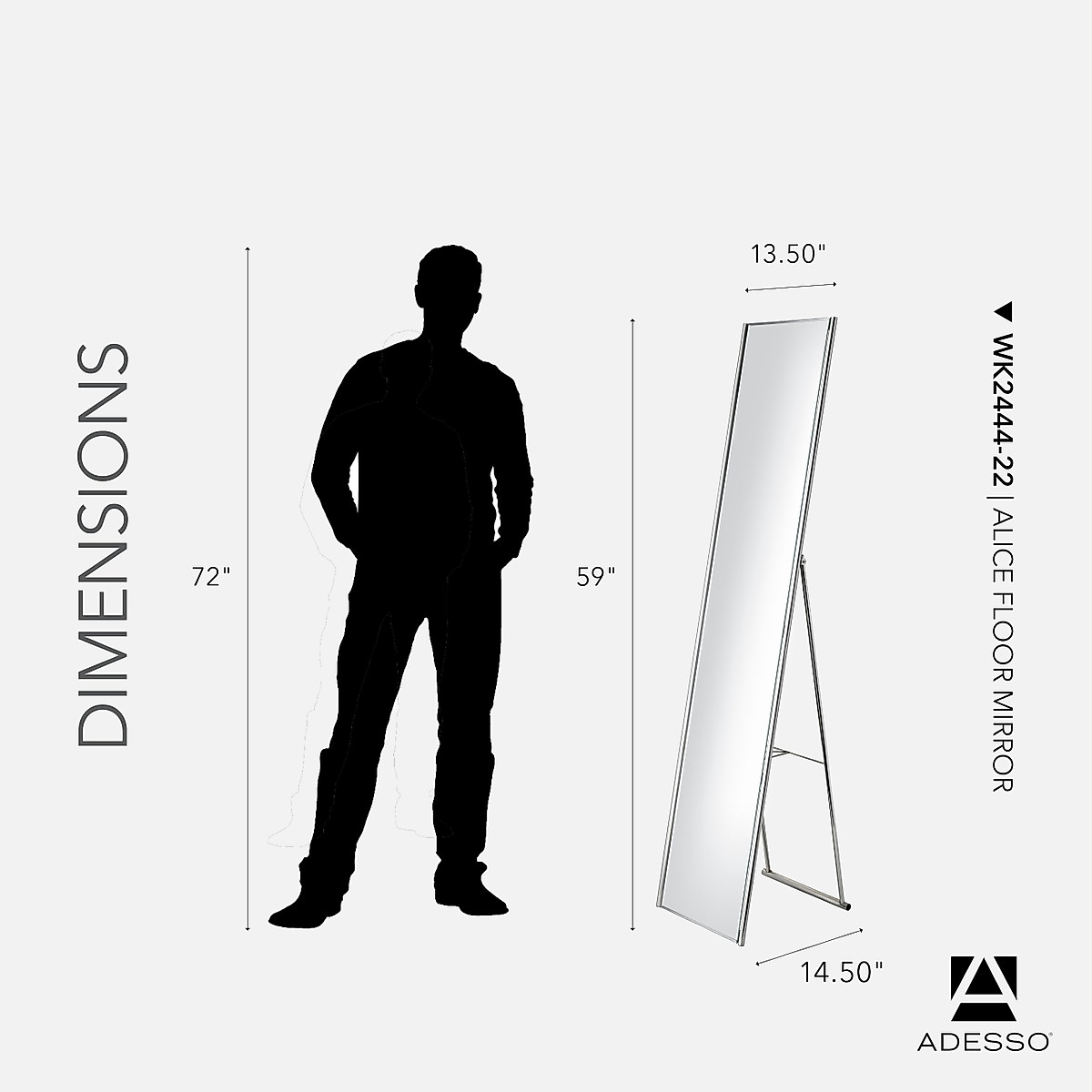 Adesso Alice Simple, Modern Full Length Mirror with Satin Steel Folding Frame