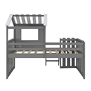 Twin Loft House Bed for Kids, Wooden Loft Beds with Rustic Fence-Shaped Guardrail/Ladder/Window/Roof for Teens Boys & Girls Bedroom (Gray-Loft House Bed)