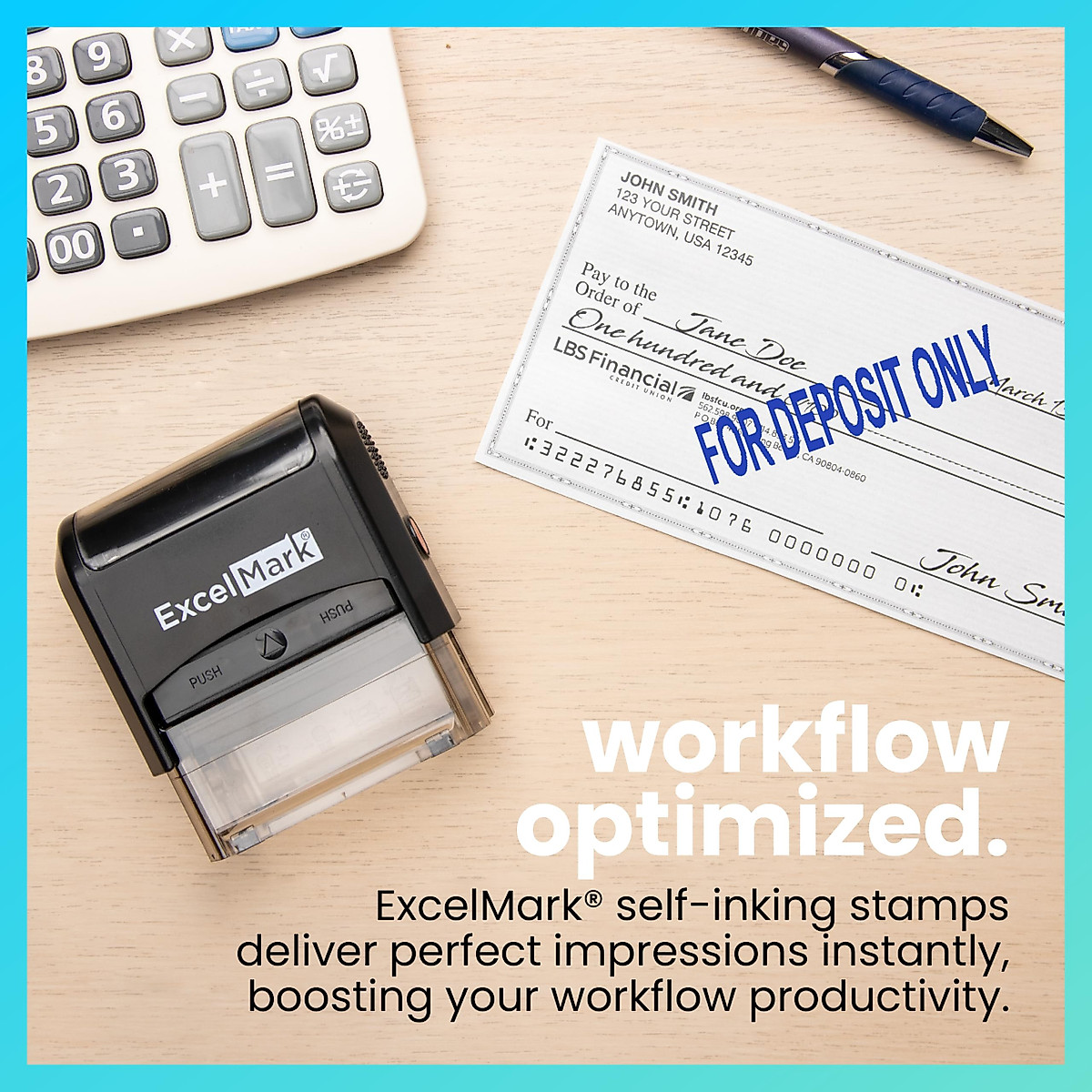 for Deposit ONLY - ExcelMark A1539 Self Inking Rubber Bank Stamp - Blue Ink