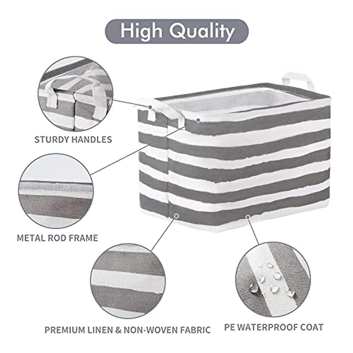 Consmos Rectangle Storage Baskets for Organizing Shelves Set of 3, Collapsible Canvas Storage Bins Nursery Hamper Toy Storage Organizer with Handles for Toys Books Clothes, Gray& White Stripe