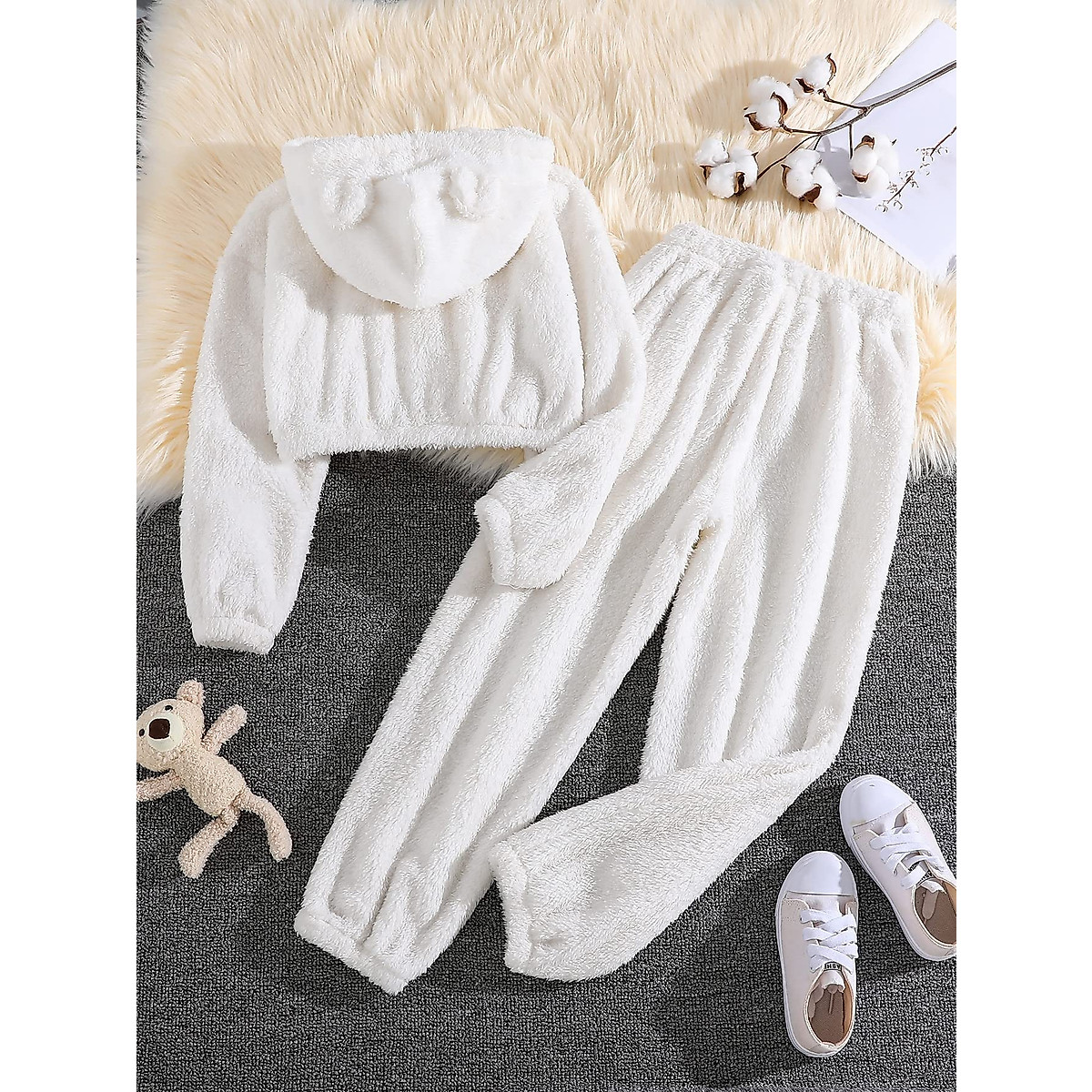 SOLY HUX Girl's Bear Ear Fuzzy Drop Shoulder Hoodie Sweatshirt with Sweatpants Two Piece Outfit Solid White