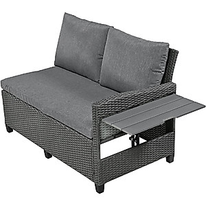 Merax Patio Furniture Sets Outdoor, All Weather Sectional PE Rattan Sofa with 2 Extendable Side, Dining Table and Bench, 5-Piece, Grey