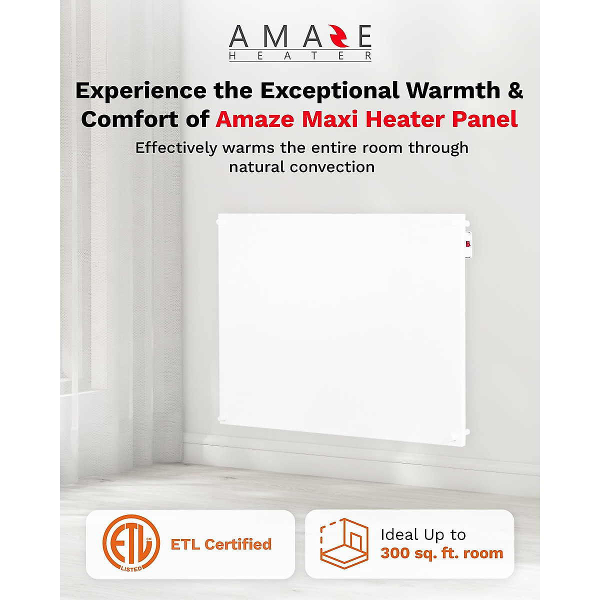 Large Room Indoor Heater - 600W Amaze Maxi Convection Panel Heater w/Wall Mount Kit, Up to 300 sq ft Room - 36”x24” Paintable, Energy Efficient, & Silent Bathroom, RV or Garage Heater - Amaze Heaters