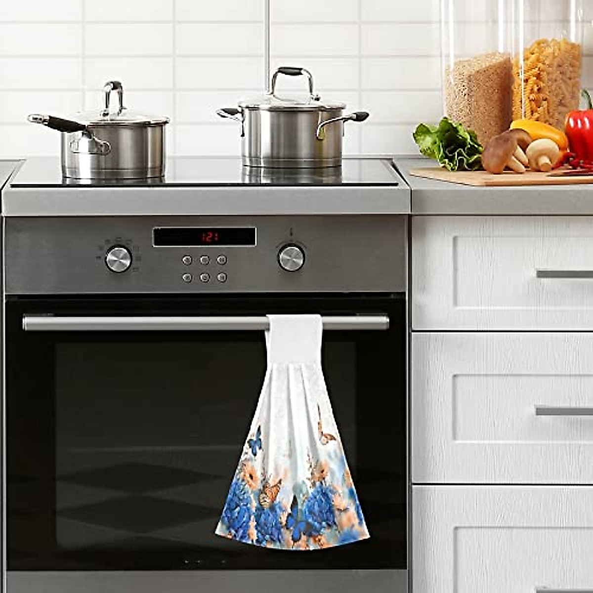Butterflies Hanging Kitchen Towels Blue Flowers Floral Hand Towel 2PCS Dish Cloth Tie Towel Absorbent Oven Stove Washcloth with Loop for Bathroom Home Decorative