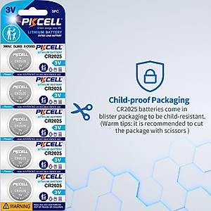 PKCELL 5Pcs CR2025 Battery CR 2025 3V Lithium Coin Battery for Car Key Fob, Remote Control