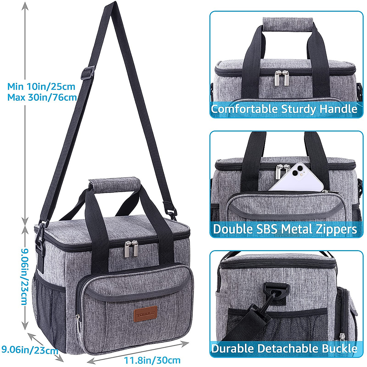 TOMULE Insulated Lunch Bag for Men Women - 3+years old (15L, Grey)