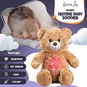 Gemma Joy Bedtime Baby Soothers for Sleep, Cry Activated Heartbeat Stuffed Animal for Baby, Newborn, Calming Light, Lullaby Music, White Noise, Shush and Mother’s Heartbeat - (Bear, Rechargeable)