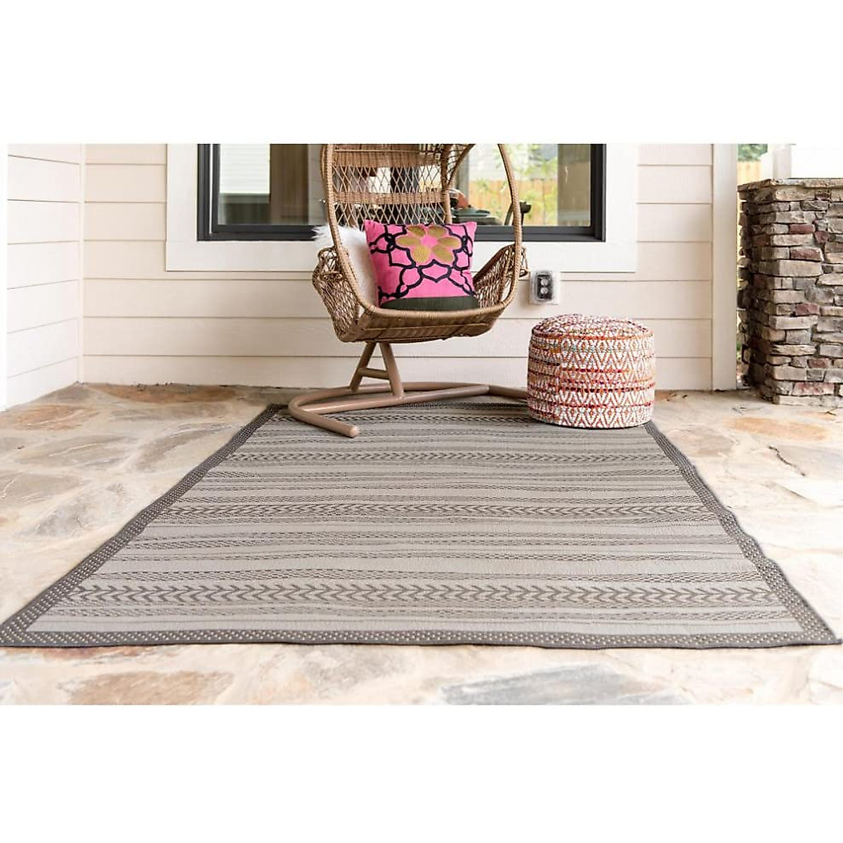 Unique Loom Outdoor Border Collection Transitional Indoor & Outdoor Casual Striped Tonal Moroccan Area Rug, 2 ft 2 in x 3 ft, Gray/Dark Gray