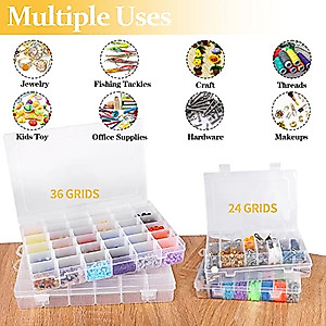 2 Pack 36 Grids Clear Plastic Organizer Box, Storage Container with Adjustable Divider, Craft Organizers and Storage Bead Storage Organizer Box for DIY Jewelry Tackles with 2 Sheets Label Stickers