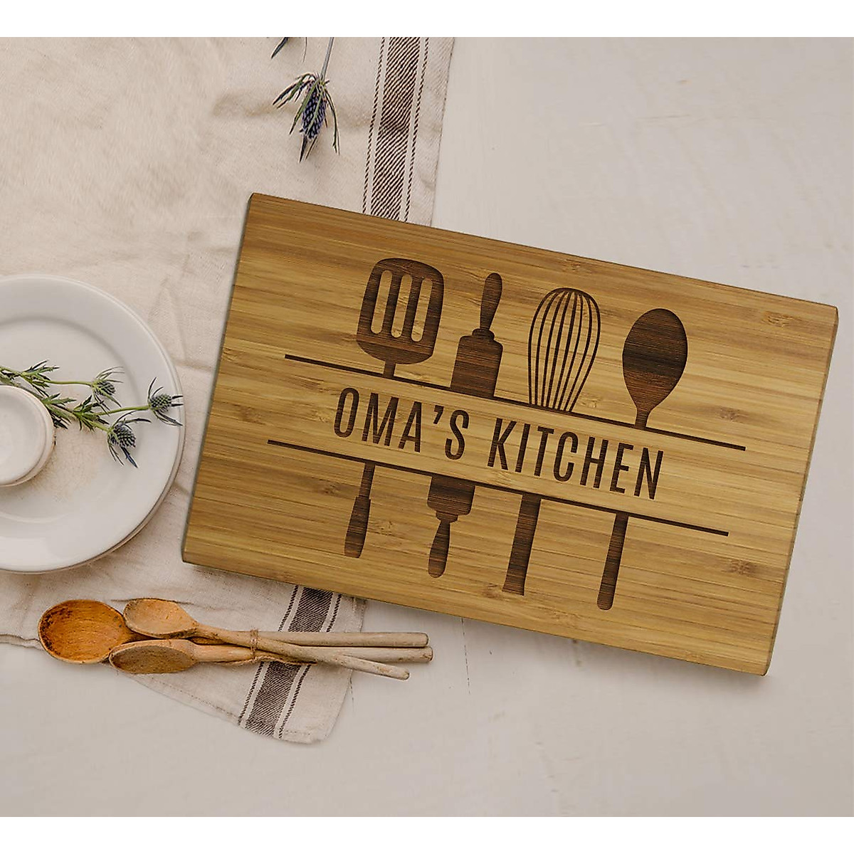 Andaz Press Large Bamboo Wood Cutting Board Gift, 17.75 x 11-inch, Oma's Kitchen, Utensils Graphic, 1-Pack, Laser Engraved Serving Chopping Board Christmas Birthday Chef Kitchen Ideas