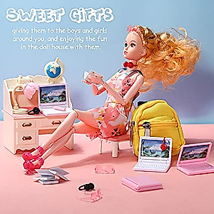 20 Pieces Doll Travel Accessories Include Mini Laptop Scene Simulation Doll Backpack Bag with Zipper Mini Headsets Toy Sunglasses Mini Book for 1/12 1/6 Scale Dolls House Decoration (Elegant Style)