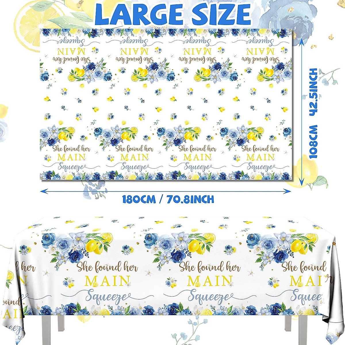 TEMYAXU 3Pieces She Found Her Main Squeeze Bridal Shower Tablecloth, 43 * 71Inch She Found Her Main Squeeze Lemon Tablecloth Lemon Bridal Shower Decorations for Lemon Bridal Shower Weddings Party