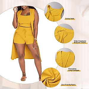 EQQZD 3 Piece Outfits for Women Vest Cardigan Crop Tank Top Shorts Sets Summer Ribbed Knit Lounge Pajama Set Yellow XL