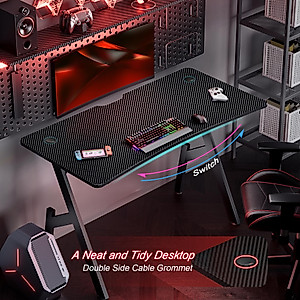 HLDIRECT 55 Inch Gaming Desk with Carbon Fibre Surface Large Computer Desk Gaming Table Ergonomic Pc Gaming Workstation Home Office Desks with Cup Holder & Headphone Hook