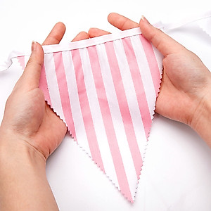GCQQ 40Ft Pink White Party Decoration, 42Pcs Large Striped and Checkered Fabric Banner Garland, Triangle Banner Flags for Valentine's Pink Party, Wedding, Bridal Baby Shower, Home Nursery Decoration