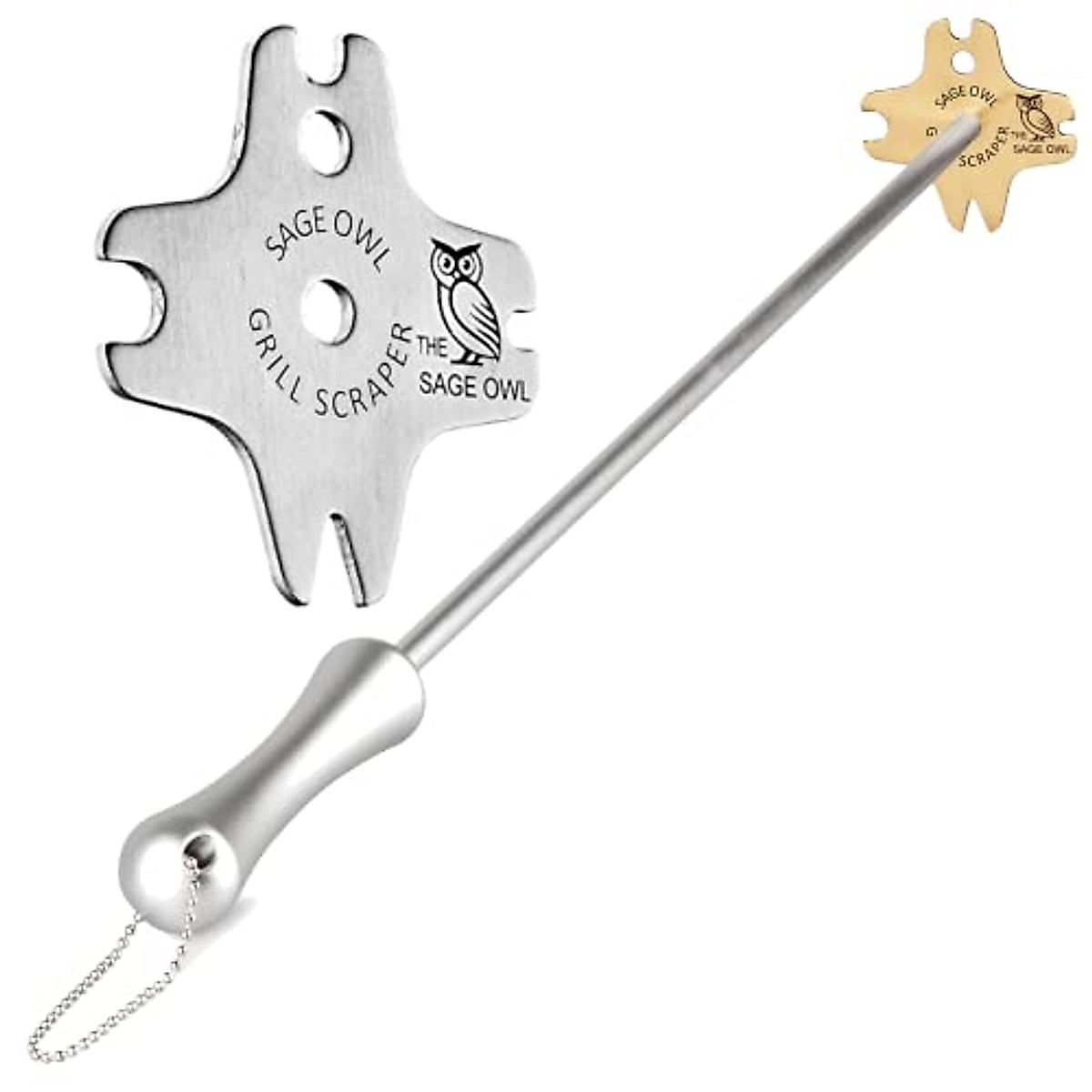 The Sage Owl Standard Brass BBQ Grill Scraper with Handle and Extra Portable Standard Stainless Steel Grill Cleaner Tool - Stocking Stuffers Men