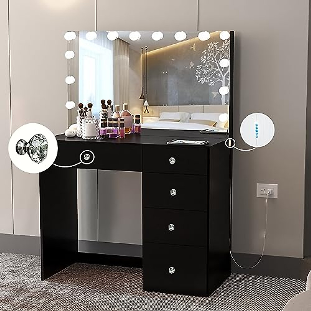 Boahaus Matilda Vanity Makeup Desk, Elegant White Bedroom Set with a Full-Width Mirror, 5 Drawers, Crystal Knobs - Ideal Modern Makeup Vanity with Ample Storage