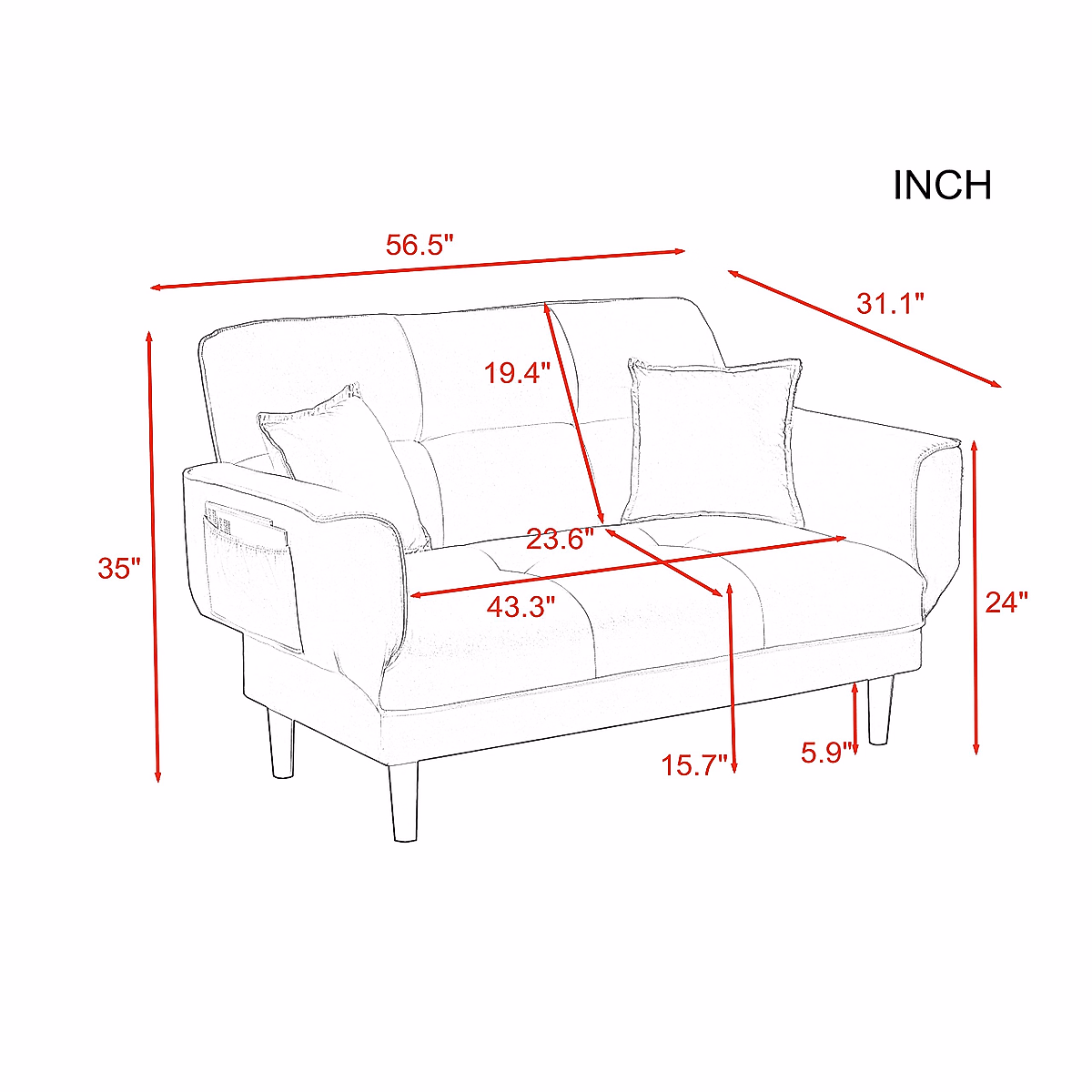 Lepfun Convertible Bed 2 Pillows, Loveseat Sleeper Futon, Recliner Couch with Adjustable Armrest and Wood Legs,Living Room Sofa with Backrest for Small Space(Light Grey)