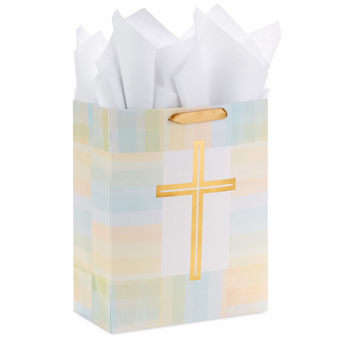 Hallmark 13" Large Gift Bag with Tissue Paper (Gold Cross, Green, Yellow) for Easter, First Communion, Confirmation, Weddings, Clergy Day