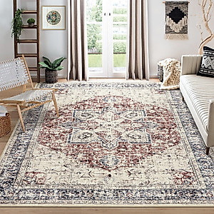 Area Rug Living Room Rugs - 8x10 Washable Boho Rug Vintage Oriental Distressed Farmhouse Large Thin Indoor Carpet for Living Room Bedroom Under Dining Table Home Office - Red Blue