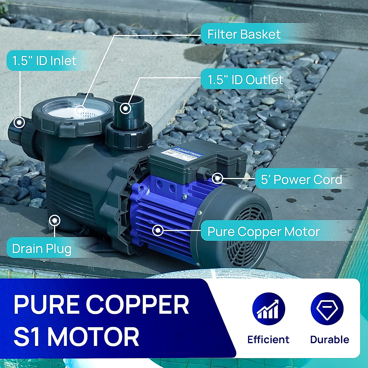 AQUASTRONG 1HP In/Above Ground Single Speed Pool Pump, 115V, 8100GPH, High Flow, Powerful Self Primming Swimming Pool Pumps with Filter Basket