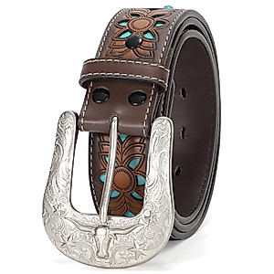 XZQTIVE Women Men Genuine Leather Belt Vintage Ladies Western Belt Engraved Tooled Leather Belt Cowboy Cowgirl Country Belt