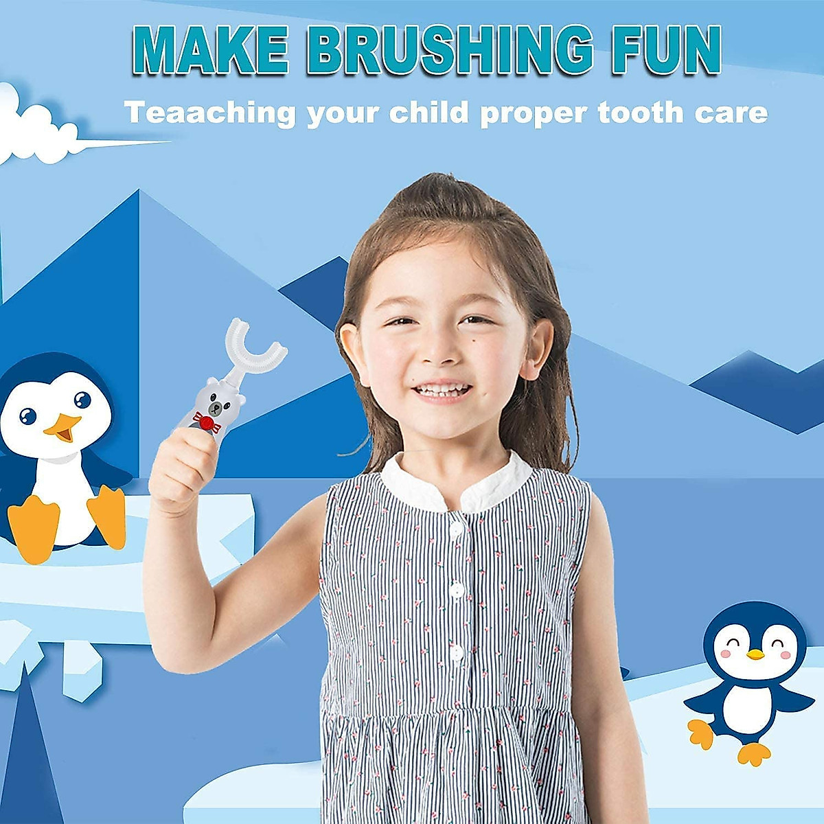 Caromolly Kids Electric Toothbrush, U-Shaped Automatic Toothbrush,360° Cleaning with Three Types of Brush Heads,Special Design for 7-12 Years, White