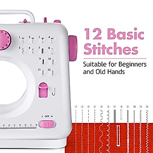 COSTWAY Electric Multifunctional Sewing Machine, 12 Stitches Portable Sewing Machine with Light Free Arm Battery, DC Adapter, Adjustable Sewing Speed (Pink+White)