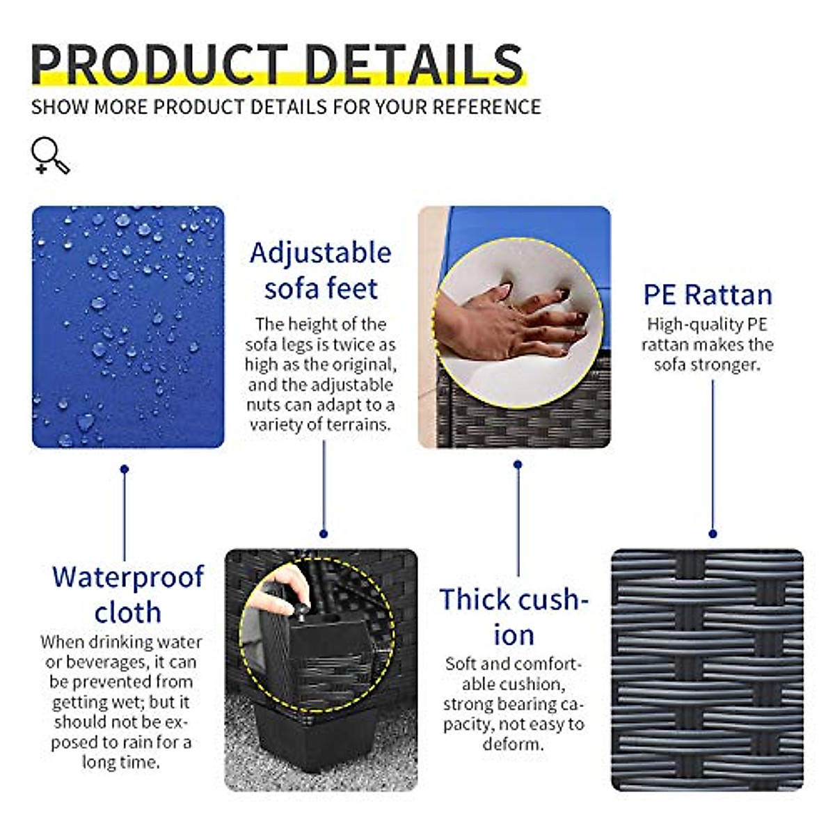 4 Pieces Patio PE Wicker Furniture Set Resin Rattan Outdoor Conversation Sofa Sets Sectional Couch with Table and Royal Blue Cushions