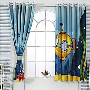 Marigold and Blue Black Curtains for Bedroom 84 Inch Long Yellow Submarine Kids Bedroom Blackout Grommet Top Curtain Panels W96 x H84
