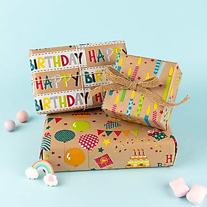 RUSPEPA Wrapping Paper Kraft Paper - Colorful Birthday Wrap Design - 4 Rolls - 30 inches x 10 feet per Roll