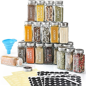 AOZITA 24 Pcs Glass Spice Jars/Bottles with Spice Labels - 4oz Empty Square Spice Containers, Condiment Pot - Shaker Lids and Airtight Metal Caps - Silicone Collapsible Funnel Included