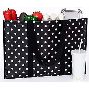 Kate Spade New York Large Reusable Grocery Bag, Oversized Tote Bag with Pockets, Black Collapsible Tote for Shopping, Picture Dot