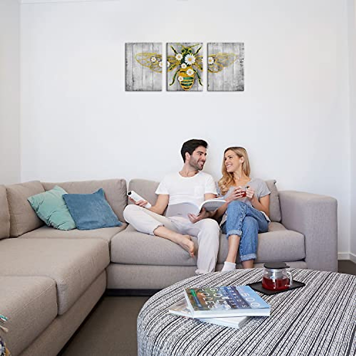 Bee Canvas Wall Art Yellow and Green Animal Insect Painting Honeybee Wall Decor for Living Room Kitchen Wall Decoration Framed and Stretched Easy to Hang Size 12"x16"x3