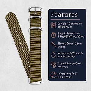 Benchmark 18mm Army Green Nylon Watch Band - One Piece Waterproof Ballistic Nylon - Slip Through Military Style Zulu Watch Strap for Men & Women