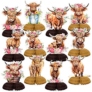 Shappy 12 Pcs Highland Cow Honeycomb Centerpieces Highland Cow Party Centerpieces Highland Cattle Table Decorations for Highland Cow Baby Shower Birthday Party Supplies(Classical)