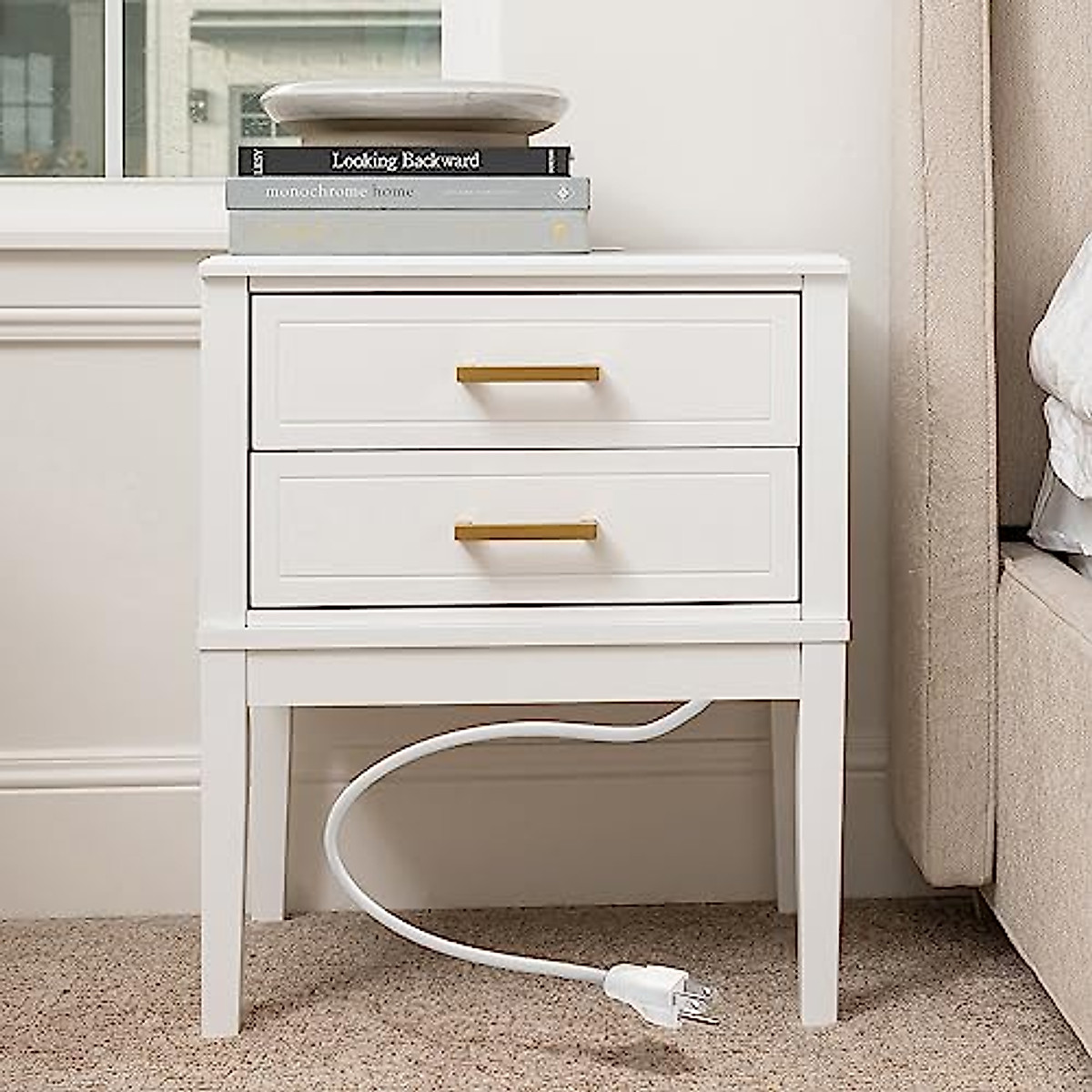 2 Drawer Side Table with Charging Station - Mid Century Modern Nightstand with Polished Gold Handles, 2 USB Ports & 2 Outlets - Multifunctional Smart Bedside Table for Your Home - 24" Tall (White)