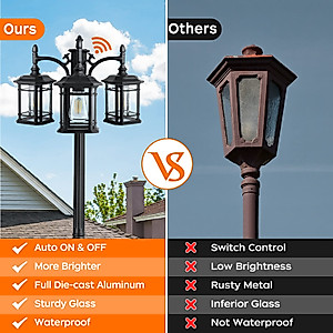 PARTPHONER Dusk to Dawn Outdoor Lamp Post Lights, Black Light Pole with Clear Glass Panels (3 LED Bulbs Included), 3-Head Hardwired Waterproof Outside Street Lights for Backyard Garden Driveway