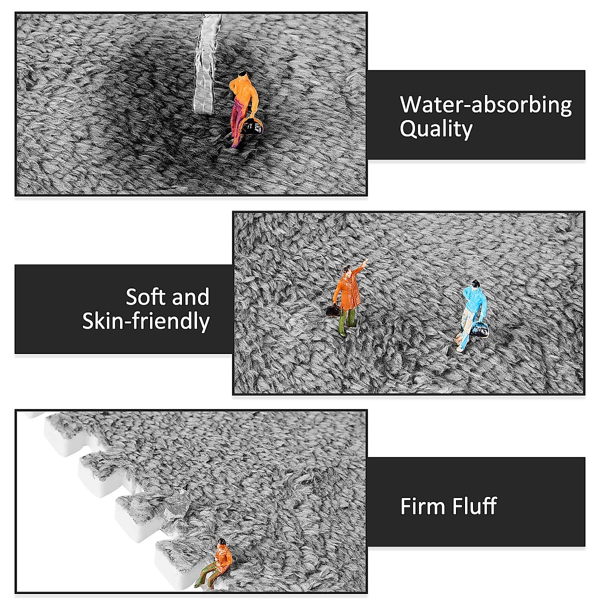 Amylove 36 Pcs Plush Foam Floor Mat Square Interlocking Carpet Tiles with Border Fluffy Play Mat Floor Tiles Soft Climbing Area Rugs for Home Playroom, 12 x 12 x 0.4 Inch (White, Gray, Black)