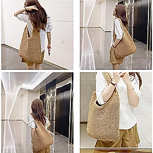 QTKJ Hand-woven Soft Large Straw Shoulder Bag Boho Straw Handle Tote Retro Summer Beach Bag Rattan Handbag (Khaki)