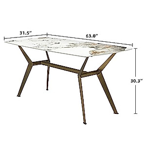 HERNEST 63" White Sintered Stone Dining Room Table for 4-6, Modern Heavy Duty Dining Table with Marble Texture Table Top and Golden Stainless Steel Legs Minimalist Kitchen Table for Living Room