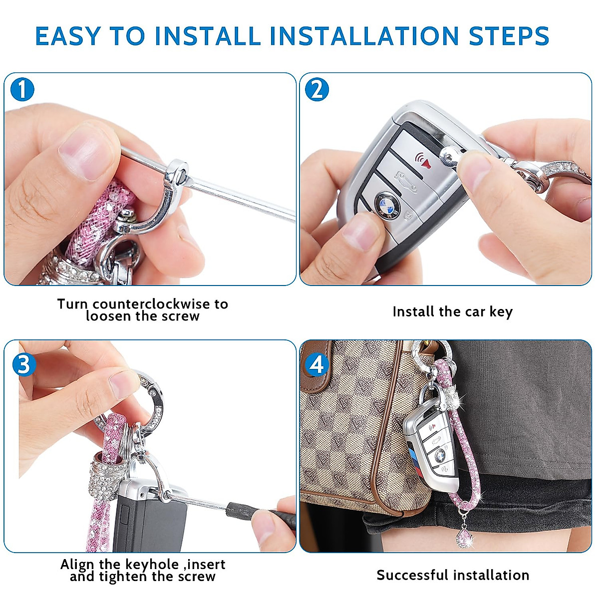 SUTUMOR Sparkling Rhinestone Keychain Ring - Glamorous Car Key Decor for Women - Bling Keychain Accessory （Pink）