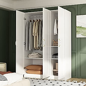 Homsee Large Wardrobe Armoire Wooden Closet with 3 Doors, 5 Storage Compartments, 2 Hanging Rods & Decorative Handles for Bedroom, White (47.2”L x 18.3”W x 69.7”H)