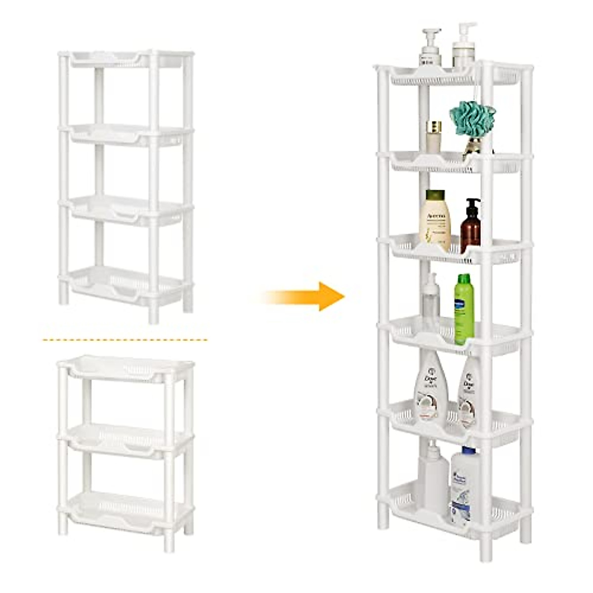ELYKEN 4 Tier Shower Caddy Organizer Shelf Standing, 15.8 x 8.1 x 31.5 Inches, Rustproof, Plastic Floor Storage Rack for Bathroom, Countertop, Shower pan, Narrow Place, White