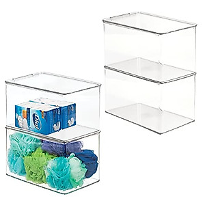 mDesign Stackable Plastic Bathroom Storage Box with Hinge Lid - Container for Organizing Soap, Body Wash, Shampoo, Conditioner, Hand Towels, Hair Accessories, Lumiere Collection, 4 Pack - Clear