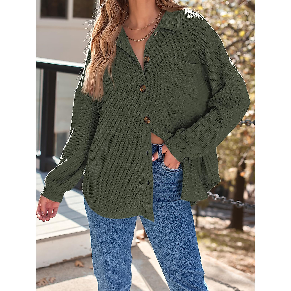 AUTOMET Womens Fall Cothes 2025 Fashion Country Concert Outfits Waffle Knit Shackets Corduroy Jackets Button Down Shirts Tops ArmyGreen L