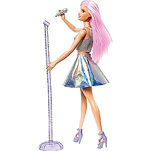 Barbie Pop Star Fashion Doll with Pink Hair & Brown Eyes, Iridescent Skirt & Microphone Accessory
