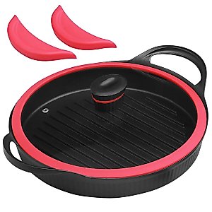 CAINFY Round Grill Pan with Lid, Nonstick Aluminum Stovetop Oven Griddle Grill Pan with Silicone Handles, 11.5 Inch, Dishwasher & Oven Safe