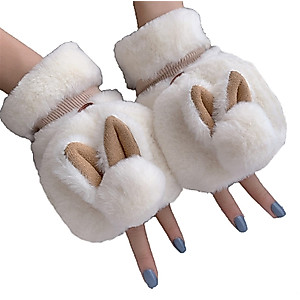 Women Girls Warm Gloves Thicken Cute Rabbit Ears Convertible Flip Top Winter Fingerless Thick Mittens for Teen Student (Color : White, Size : One Size)